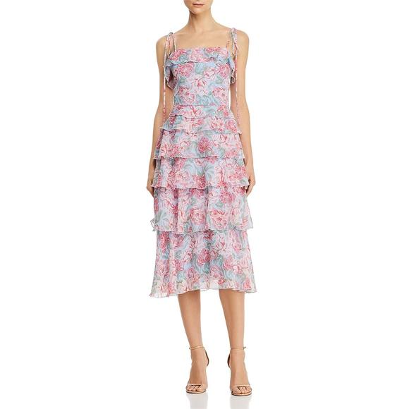 Wayf | Dresses | Wayf Womens Essie Blue Floral Tiered Tie Shoulder Midi ...
